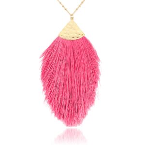 riah fashion antique bohemian silky thread fan tassel statement necklace - vintage gold feather shape strand fringe lightweight long chain (feather fringe - hot pink)