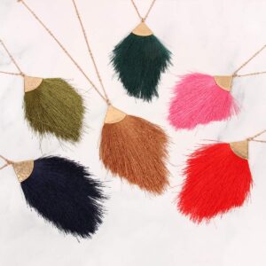 RIAH FASHION Antique Bohemian Silky Thread Fan Tassel Statement Necklace - Vintage Gold Feather Shape Strand Fringe Lightweight Long Chain (Feather Fringe - Hot Pink)