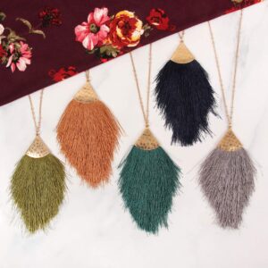 RIAH FASHION Antique Bohemian Silky Thread Fan Tassel Statement Necklace - Vintage Gold Feather Shape Strand Fringe Lightweight Long Chain (Feather Fringe - Hot Pink)