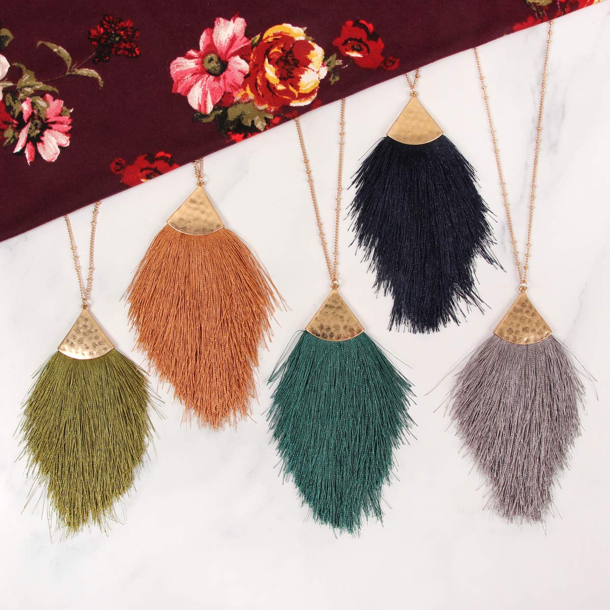 RIAH FASHION Antique Bohemian Silky Thread Fan Tassel Statement Necklace - Vintage Gold Feather Shape Strand Fringe Lightweight Long Chain (Feather Fringe - Hot Pink)