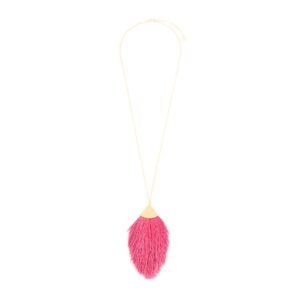 RIAH FASHION Antique Bohemian Silky Thread Fan Tassel Statement Necklace - Vintage Gold Feather Shape Strand Fringe Lightweight Long Chain (Feather Fringe - Hot Pink)