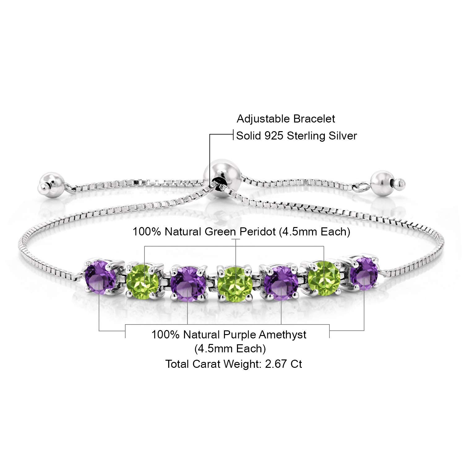 Gem Stone King 925 Sterling Silver Purple Amethyst and Green Peridot Tennis Bracelet For Women (2.67 Cttw, Gemstone Birthstone, Round Cut 4.5MM, Fully Adjustable Up to 9 Inch)