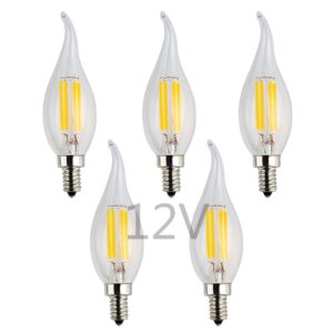 opalray low voltage 12v led candelabra bulb, 12v dc or 12v ac, 4w dimmable, 2700k warm white light, e12 small base, 40w incandescent replacement, 12volt dc operated, clear glass flame tip, 5-pack