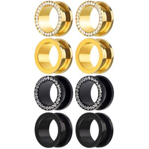 awinrel 8 pieces black gold plated stainless steel gem rhinestones screw fit ear plug gauges flesh tunnels eyelet stretcher body piercing jewelry 10mm