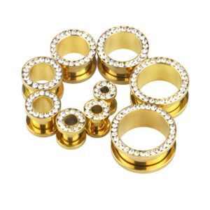 Awinrel 8 Pieces Black Gold Plated Stainless Steel Gem Rhinestones Screw Fit Ear Plug Gauges Flesh Tunnels Eyelet Stretcher Body Piercing Jewelry 10mm