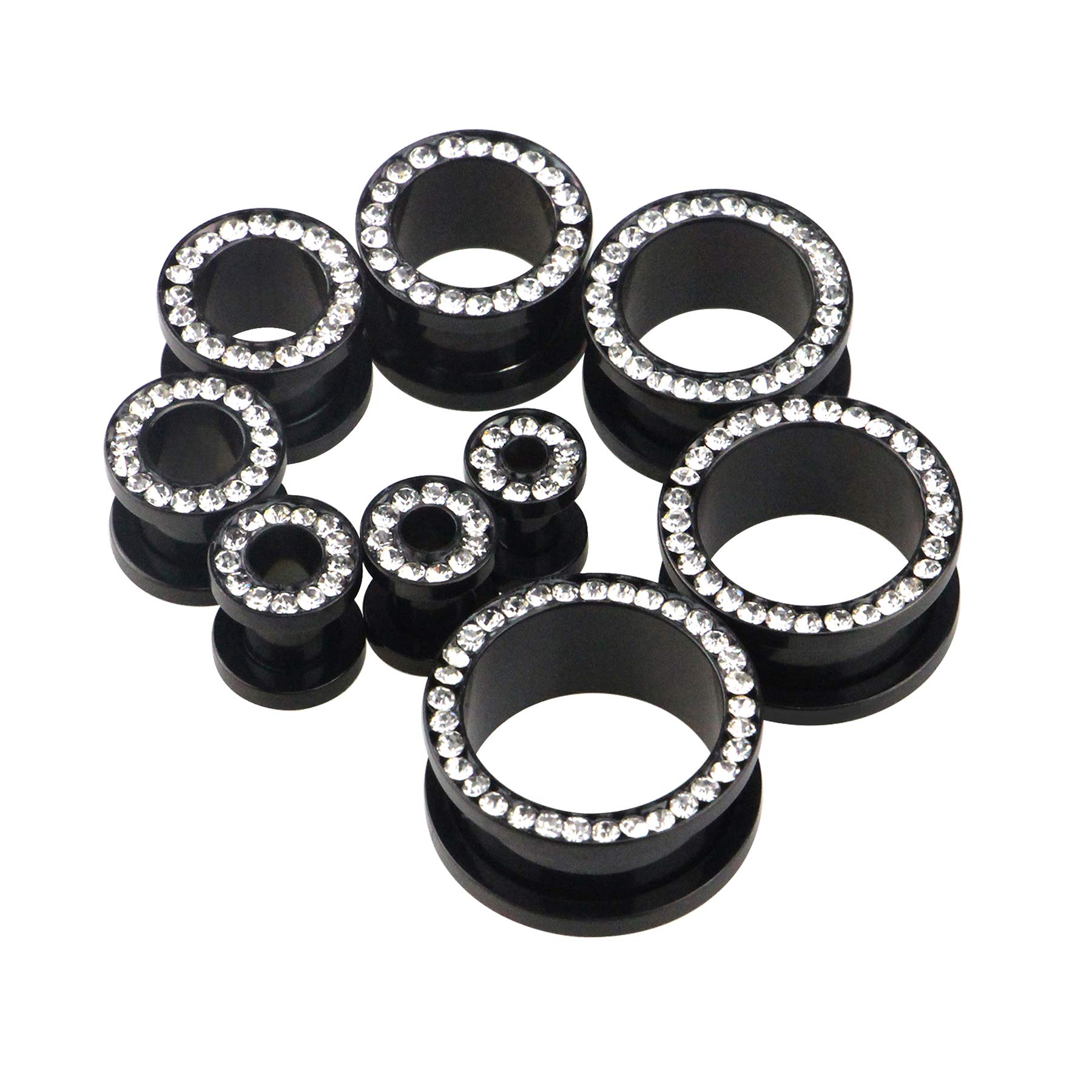 Awinrel 8 Pieces Black Gold Plated Stainless Steel Gem Rhinestones Screw Fit Ear Plug Gauges Flesh Tunnels Eyelet Stretcher Body Piercing Jewelry 10mm