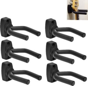 guitar wall mount hanger 6 pack, guitar hanger wall hook holder stand black display with screws - easy to install - fits guitars, bass, mandolin, banjo, ukulele