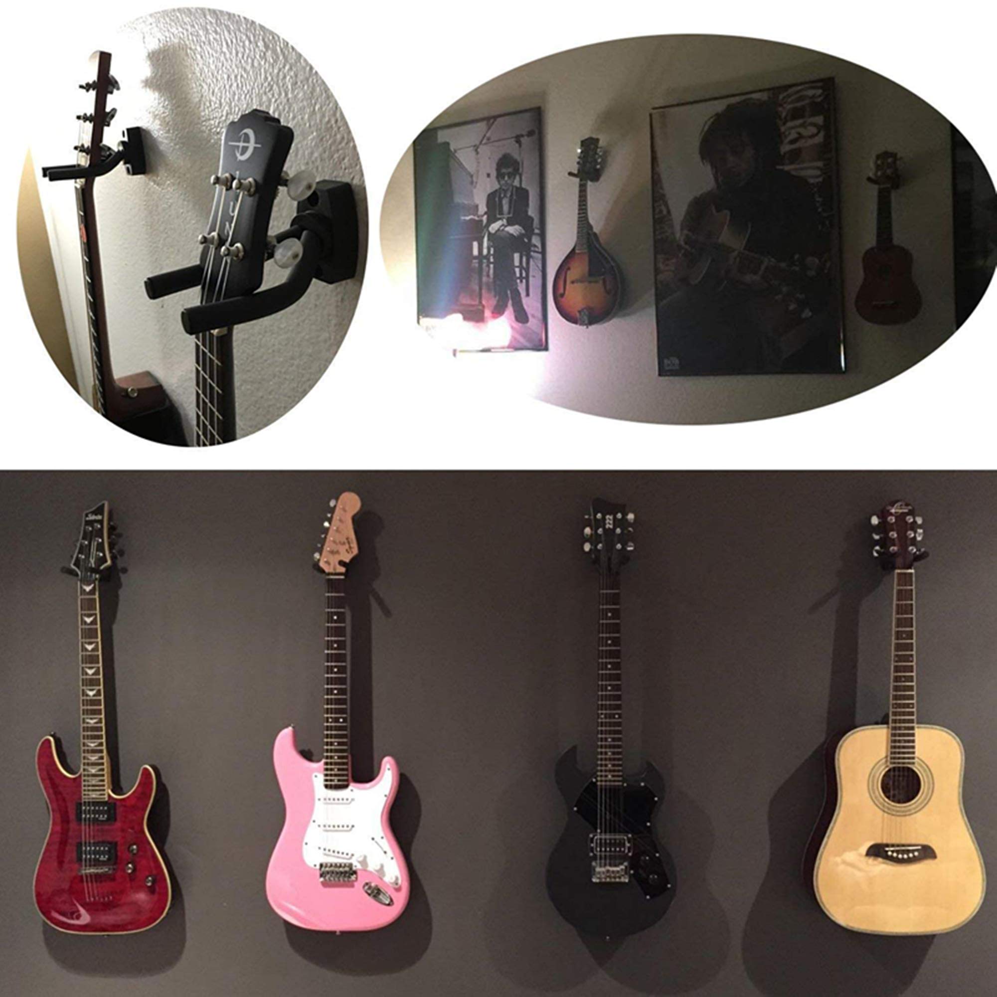 Guitar Wall Mount Hanger 6 Pack, Guitar Hanger Wall Hook Holder Stand Black Display with Screws - Easy to Install - Fits Guitars, Bass, Mandolin, Banjo, Ukulele