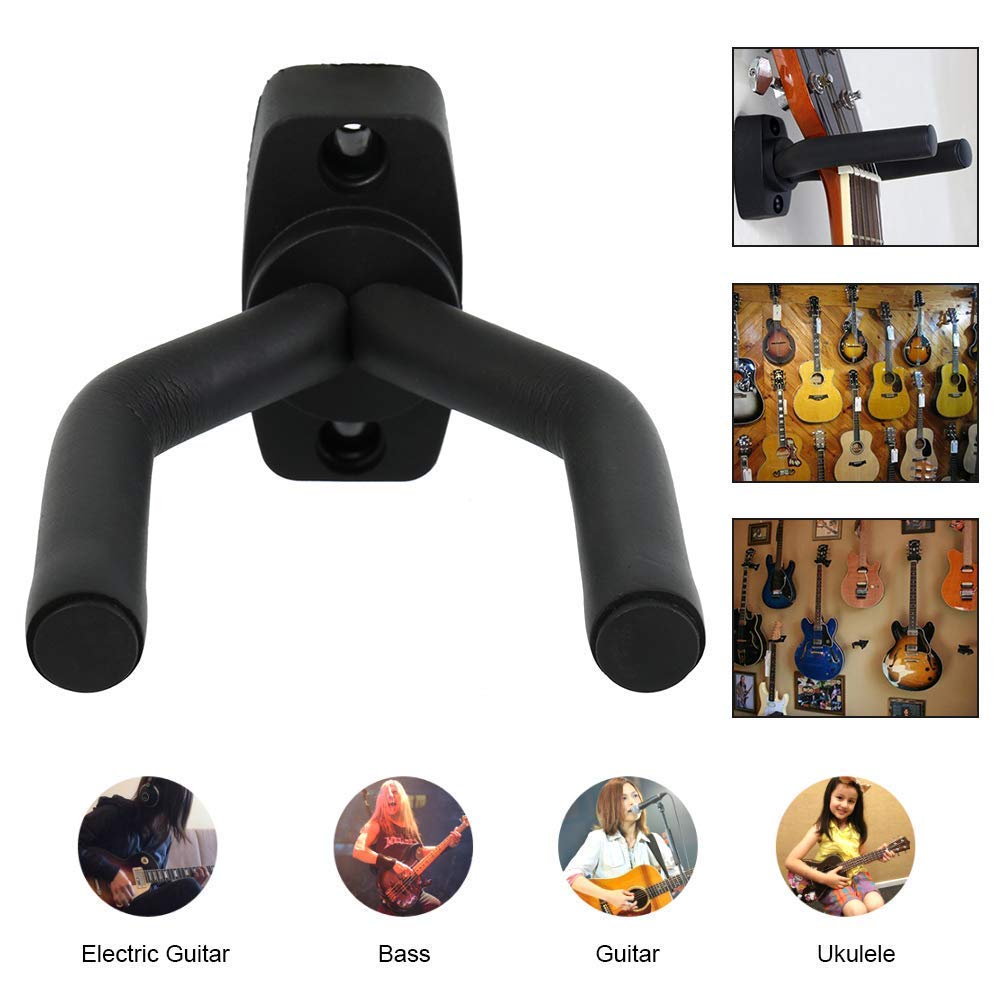 Guitar Wall Mount Hanger 6 Pack, Guitar Hanger Wall Hook Holder Stand Black Display with Screws - Easy to Install - Fits Guitars, Bass, Mandolin, Banjo, Ukulele