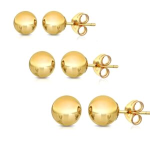 PORI JEWELERS 14K Solid Gold Ball Stud Earrings (3-Pair-Pack) 3MM 4MM and 5MM… Choose a Color (Yellow)