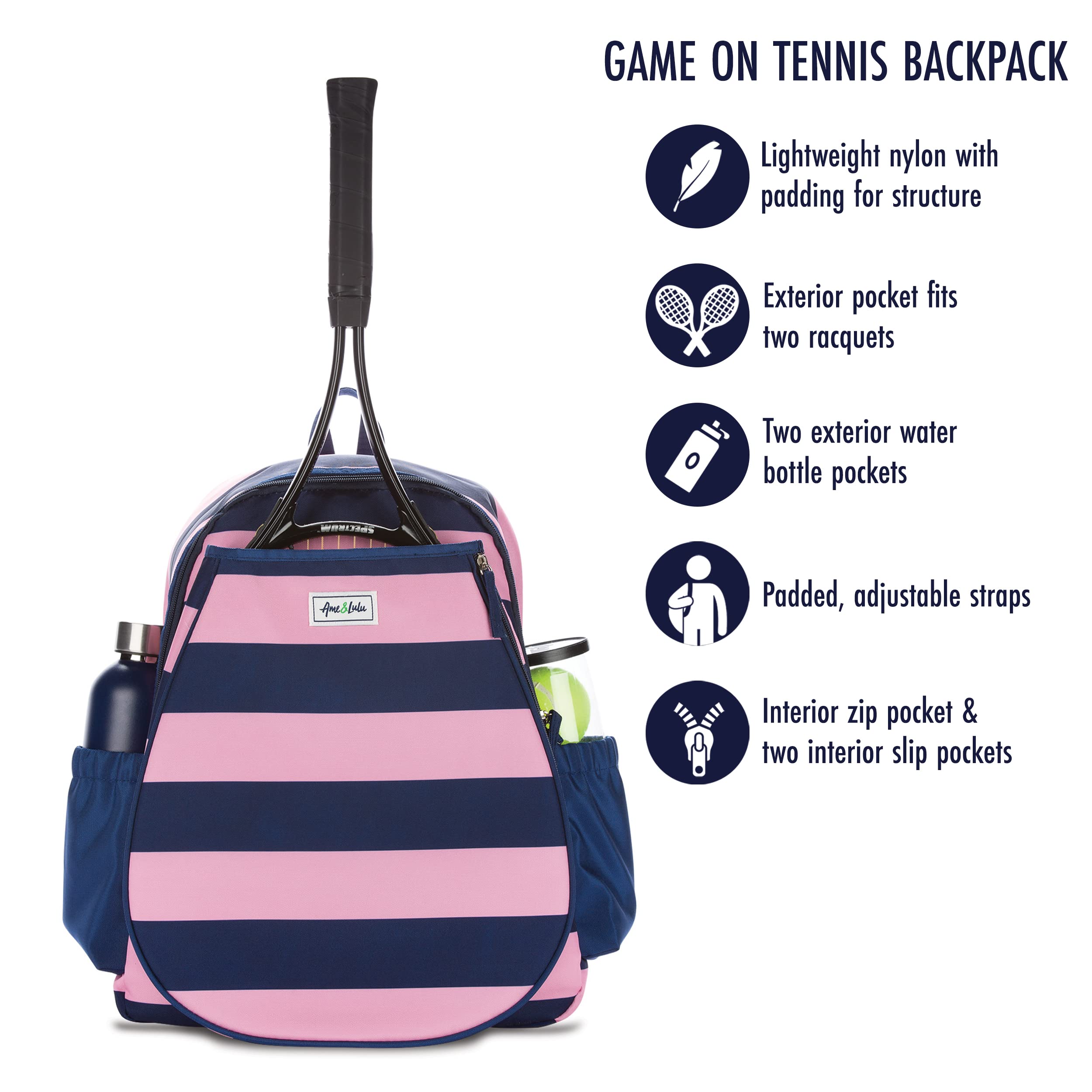 Ame & Lulu Game On Tennis Backpack - Contains Padded & Adjustable Straps - Two Exterior Water Bottle Pockets - Bubbly - 1 Count