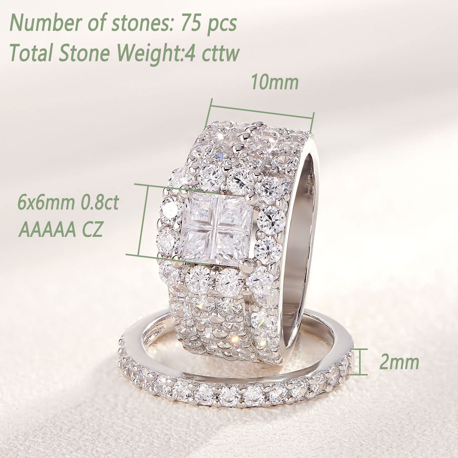 Wuziwen 4Ct Princess Engagement Ring Wedding Rings Set for Women 5A CZ 925 Sterling Silver Size 11