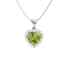 diamondere natural and certified heart cut peridot and diamond halo necklace in 14k white gold | 1.14 carat pendant with chain