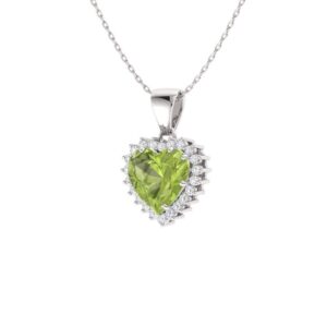 Diamondere Natural and Certified Heart Cut Peridot and Diamond Halo Necklace in 14k White Gold | 1.14 Carat Pendant with Chain