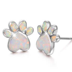 ladytree s925 sterling silver jewelry puppy dog cat pet paw print white simulated opal stud earrings