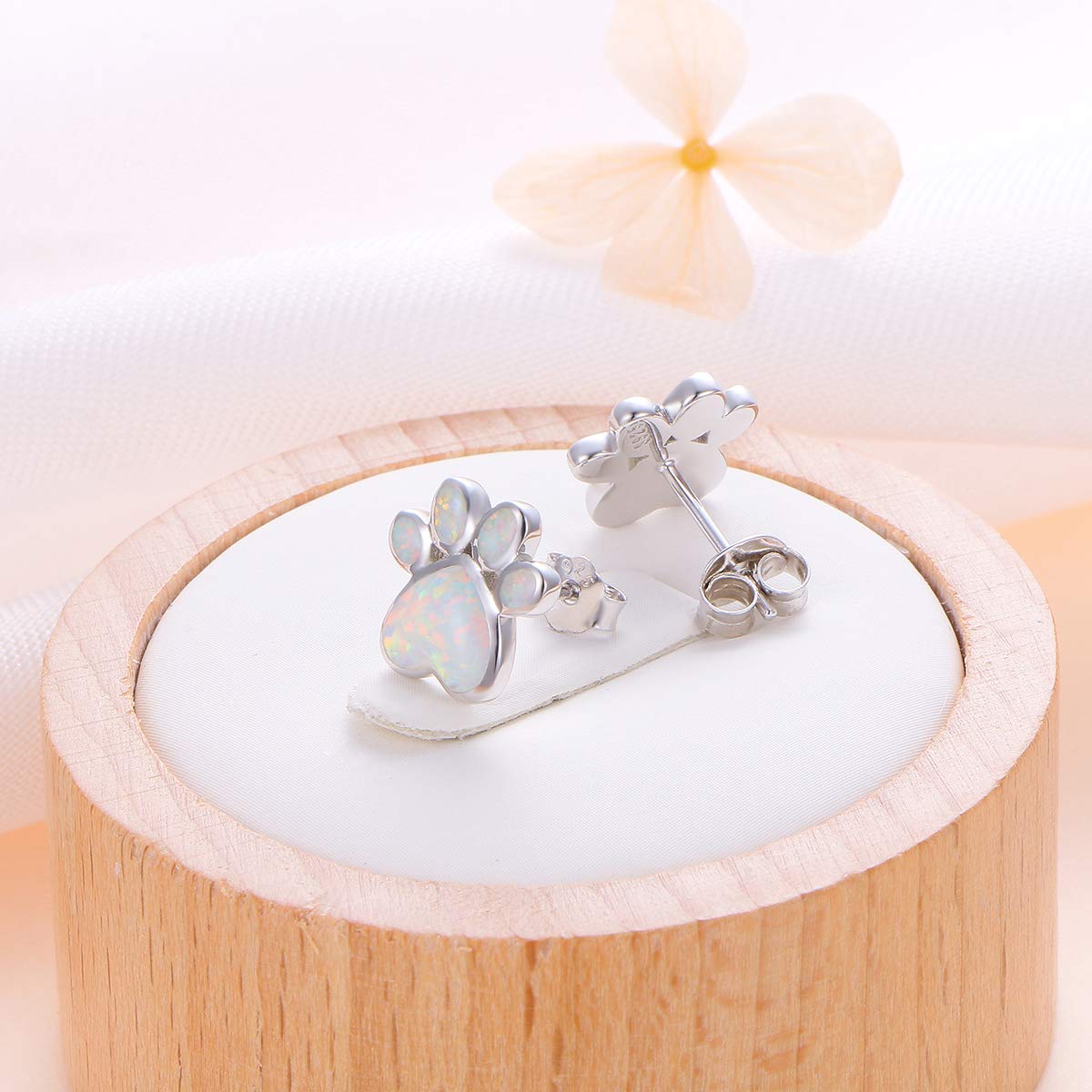 Ladytree S925 Sterling Silver Jewelry Puppy Dog Cat Pet Paw Print White Simulated Opal Stud Earrings