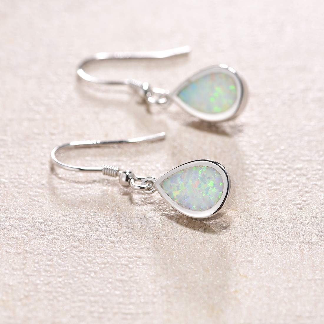 October Birthstone Earrings FANCIME Sterling Silver White Opal Teardrop Dangle Earrings Dainty Pear Shaped Hook Earrings Opal Jewelry for Women