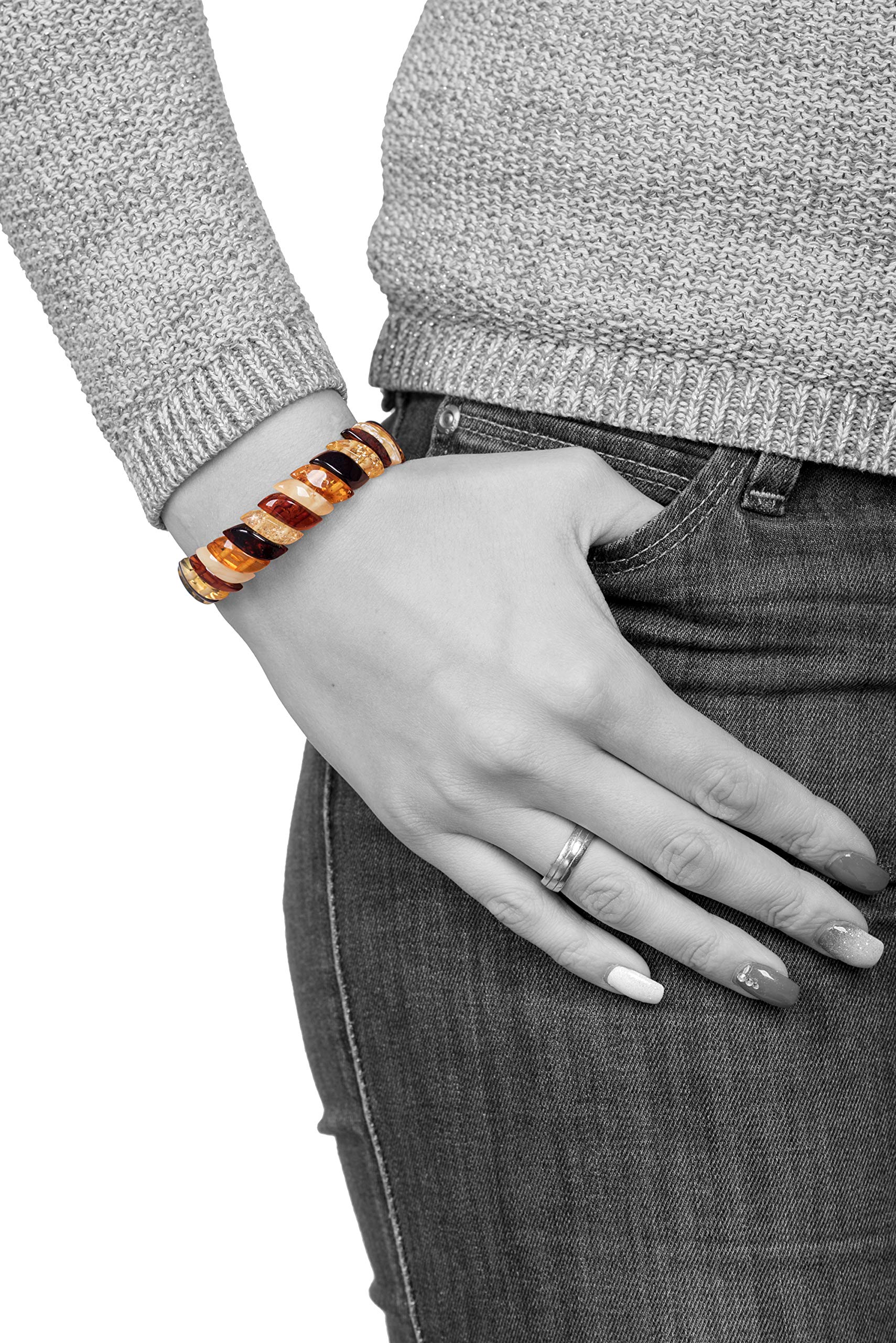 AMBERAGE Natural Baltic Amber Stretch Bracelet for Women - Hand Made from Polished/Certified Baltic Amber Beads(Multi)