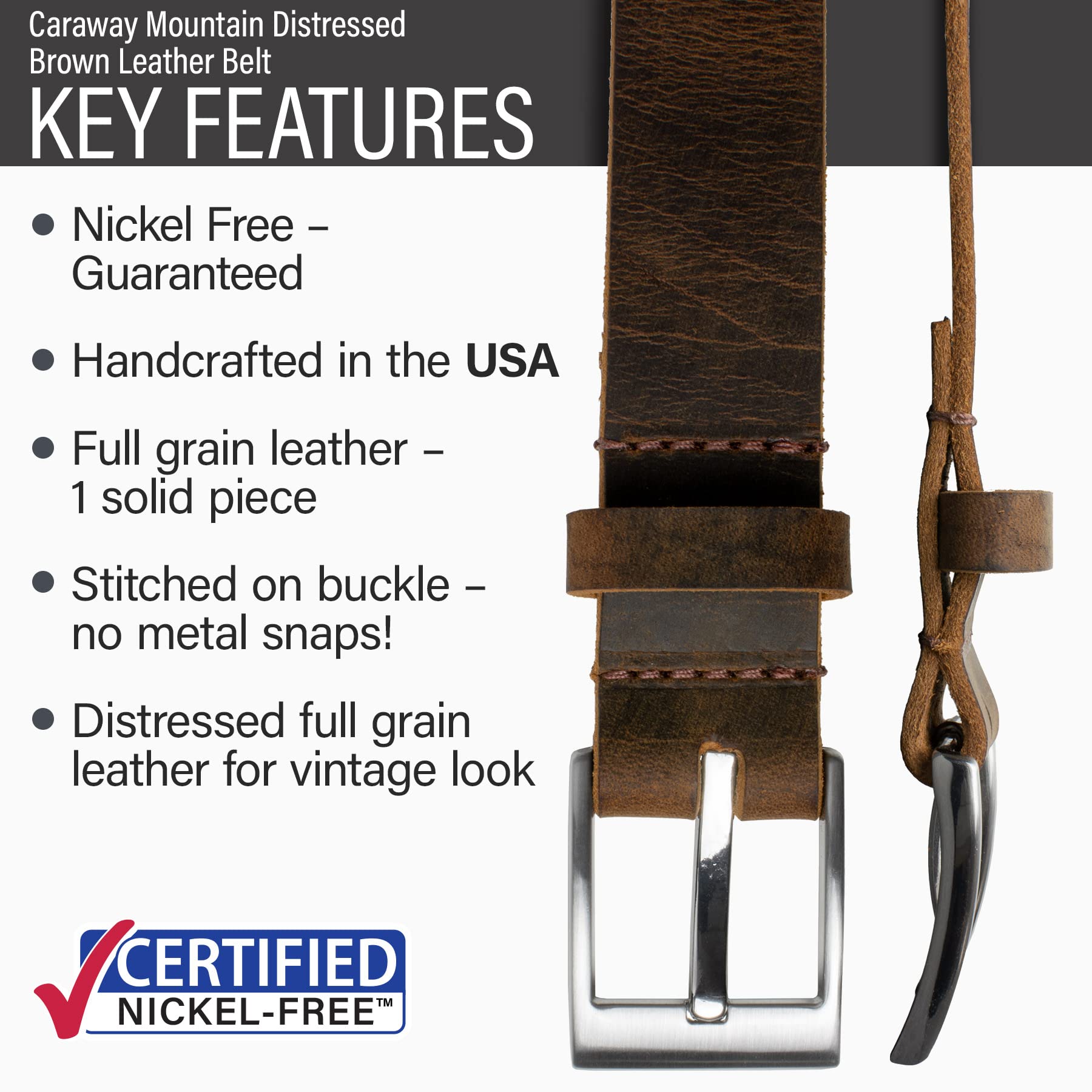 Nickel Smart Caraway Mountain Distressed Brown Belt - 38"