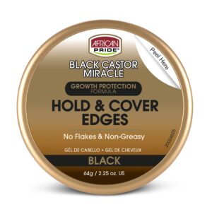 african pride black castor miracle hold & cover edges - slicks and controls edges, covers grays, fills thinning areas, contains black castor oil & coconut oil, 2.25 oz