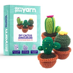 darn good yarn - crochet kit for beginners to intermediate | cactus diy crochet amigurumi - crochet kit include pattern, yarn, crochet hook, stuffing and knitting needles