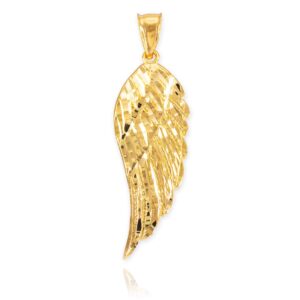 textured 14k yellow gold angel wing charm pendant (1.80")