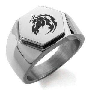 stainless steel tribal mustang horse hexagon crest flat top biker style polished ring, size 8