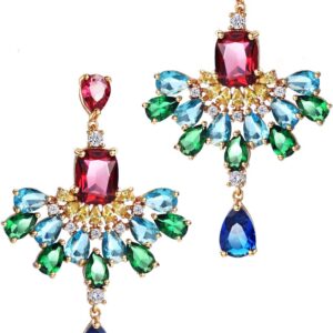 Cubic Zirconia Chandelier Earrings for Women Wedding Long Dangle Earrings Bridal Earrings 18K Gold Plated Multicolor CZ Stones for Party Prom