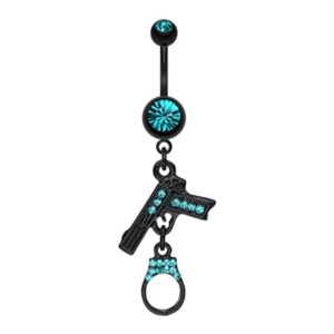 blackline handgun & cuff sparkle belly button ring (14 ga, length: 10mm, teal)