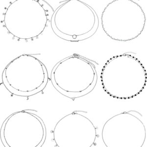 BBTO 9 Pieces Women Girls Layered Choker Necklace Sliver Layered Pendant Choker Jewelry Set (Style 1)