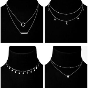 BBTO 9 Pieces Women Girls Layered Choker Necklace Sliver Layered Pendant Choker Jewelry Set (Style 1)