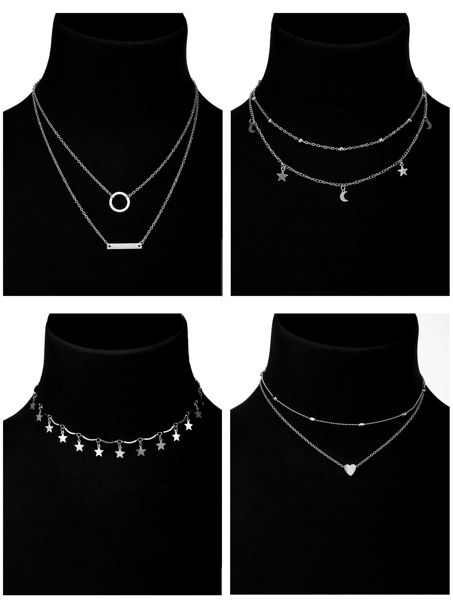 BBTO 9 Pieces Women Girls Layered Choker Necklace Sliver Layered Pendant Choker Jewelry Set (Style 1)