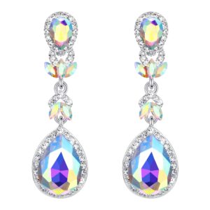 brilove wedding bridal dangle earrings for women crystal marquise leaf teardrop chandelier earrings iridescent clear ab silver-tone