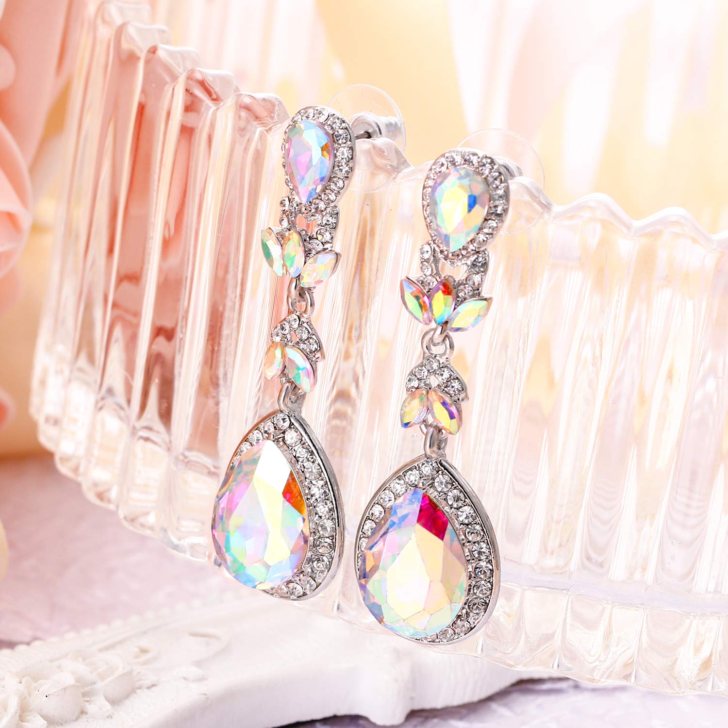 BriLove Wedding Bridal Dangle Earrings for Women Crystal Marquise Leaf Teardrop Chandelier Earrings Iridescent Clear AB Silver-Tone