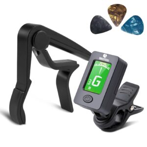 brotou guitar tuner clip on with guitar capo for guitar, bass, violin, ukulele, digital electronic tuner acoustic guitar accessories with lcd display (3 guitar picks)