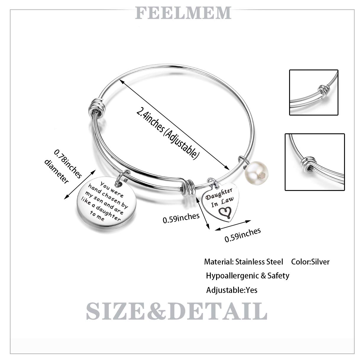 FEELMEM Daughter-in-Law Bracelet You Were Hand Chosen By My Son And Are Like A Daughter To Me Bangle Bracelet Gift for Daughter In Law (silver)