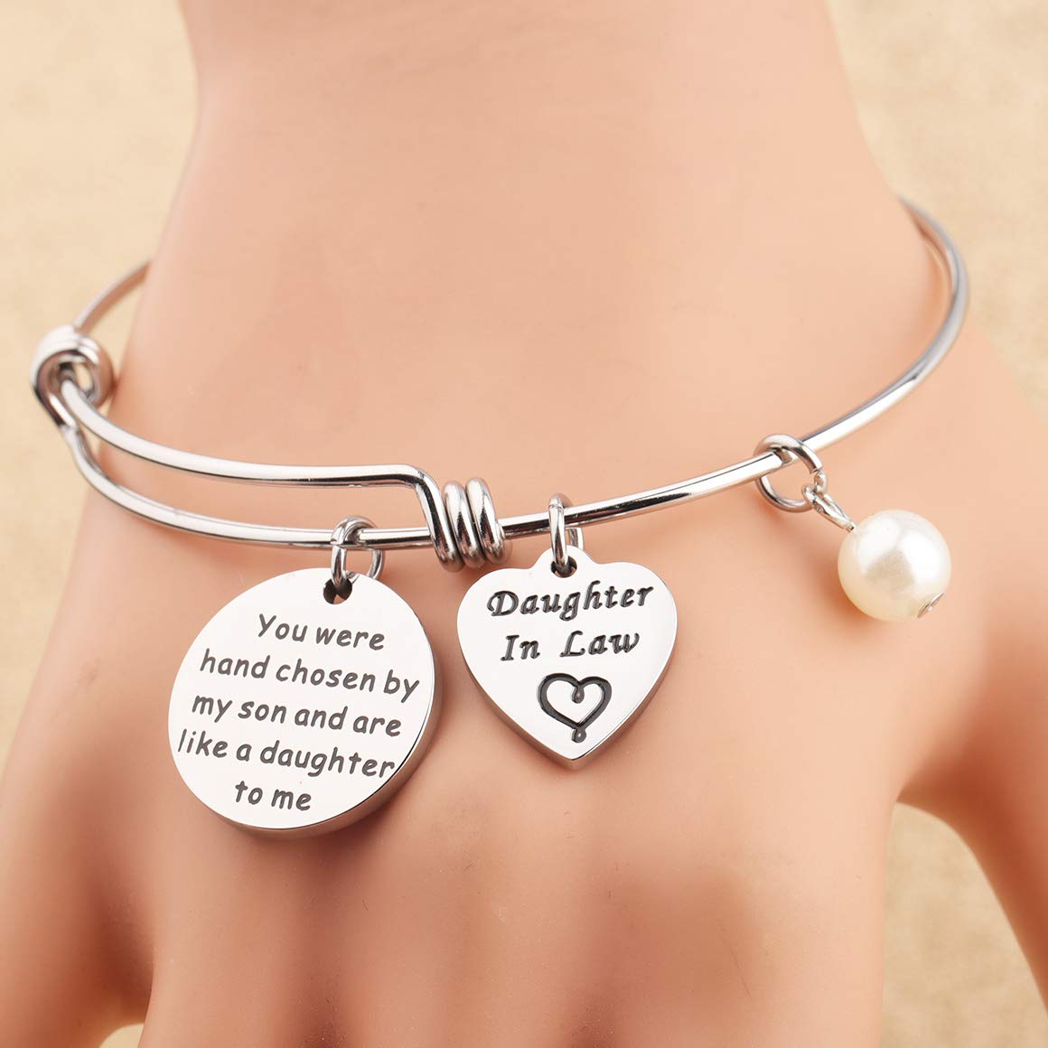 FEELMEM Daughter-in-Law Bracelet You Were Hand Chosen By My Son And Are Like A Daughter To Me Bangle Bracelet Gift for Daughter In Law (silver)