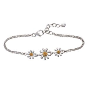 paul wright 925 sterling silver daisy bracelet, three daisies with 18ct gold plated centres, double chain, 6.5” plus 1” extender