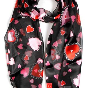 SERENITA Print light weight Satin Scarves for women, silk feel wrap, Heart, Pink Ribbon, Rose, Valentine