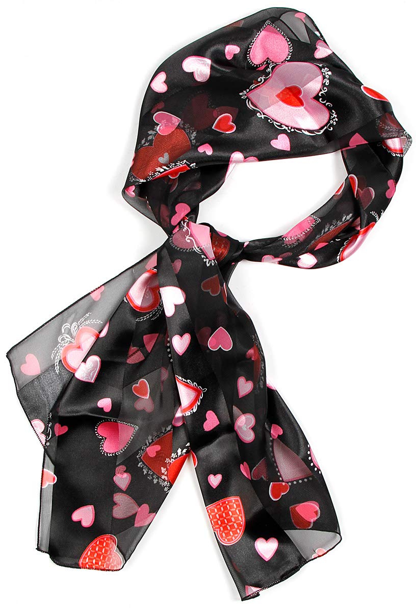 SERENITA Print light weight Satin Scarves for women, silk feel wrap, Heart, Pink Ribbon, Rose, Valentine