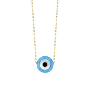 14k solid gold turquoise evil eye necklace | 14k yellow gold opal nazar necklaces for women | round pendant necklace | delicate october birthstone jewelry | gifts for christmas, 18"