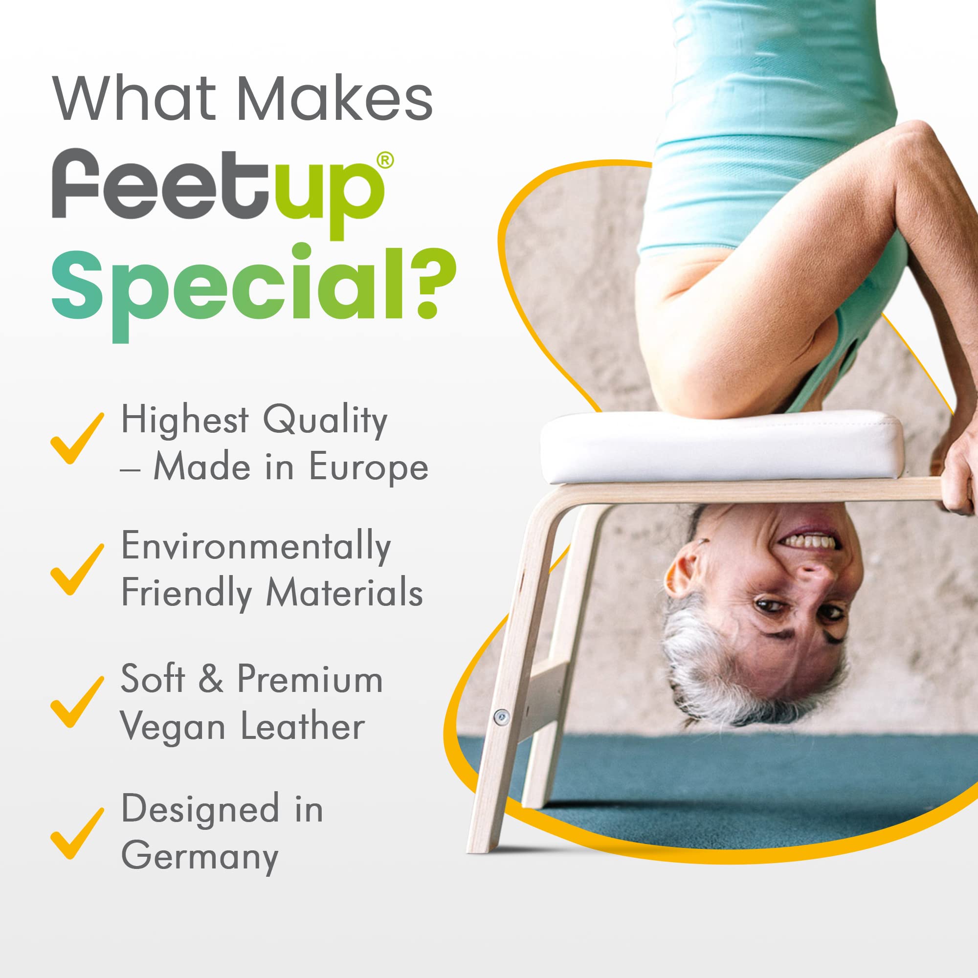 FeetUp - The Original Yoga Headstand Bench, Vegan Handstand Trainer Bench and Stand, Strength Training Inversion Equipment for Relaxation & Strength, Includes App & Starter Kit, Classic, White