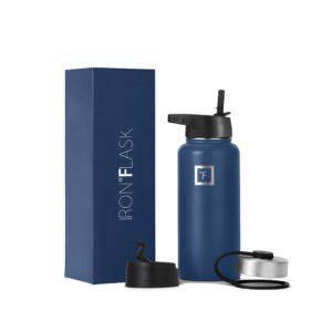 iron °flask camping & hiking hydration flask, wide mouth, 3 straw lids, stainless steel outdoor water bottle, double walled, insulated thermos, metal canteen - twilight blue, 32 oz