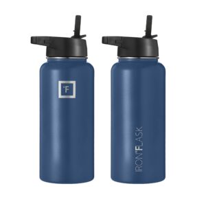 IRON °FLASK Camping & Hiking Hydration Flask, Wide Mouth, 3 Straw Lids, Stainless Steel Outdoor Water Bottle, Double Walled, Insulated Thermos, Metal Canteen - Twilight Blue, 32 Oz