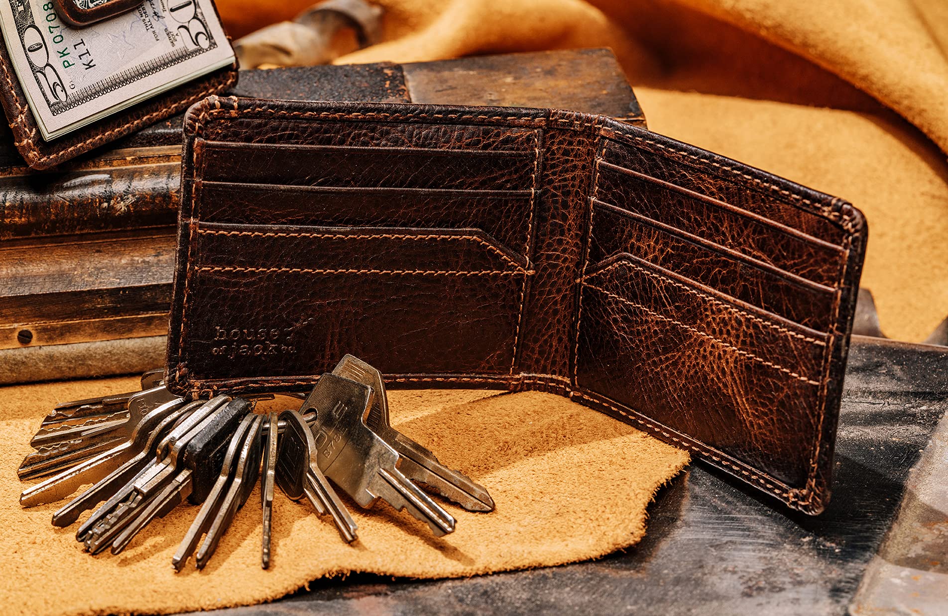 House of Jack Co. Bottle Opener Bifold Money Clip Wallet | Front Pocket Wallet | Novelty Bifold with Money Clip | Full Grain Leather