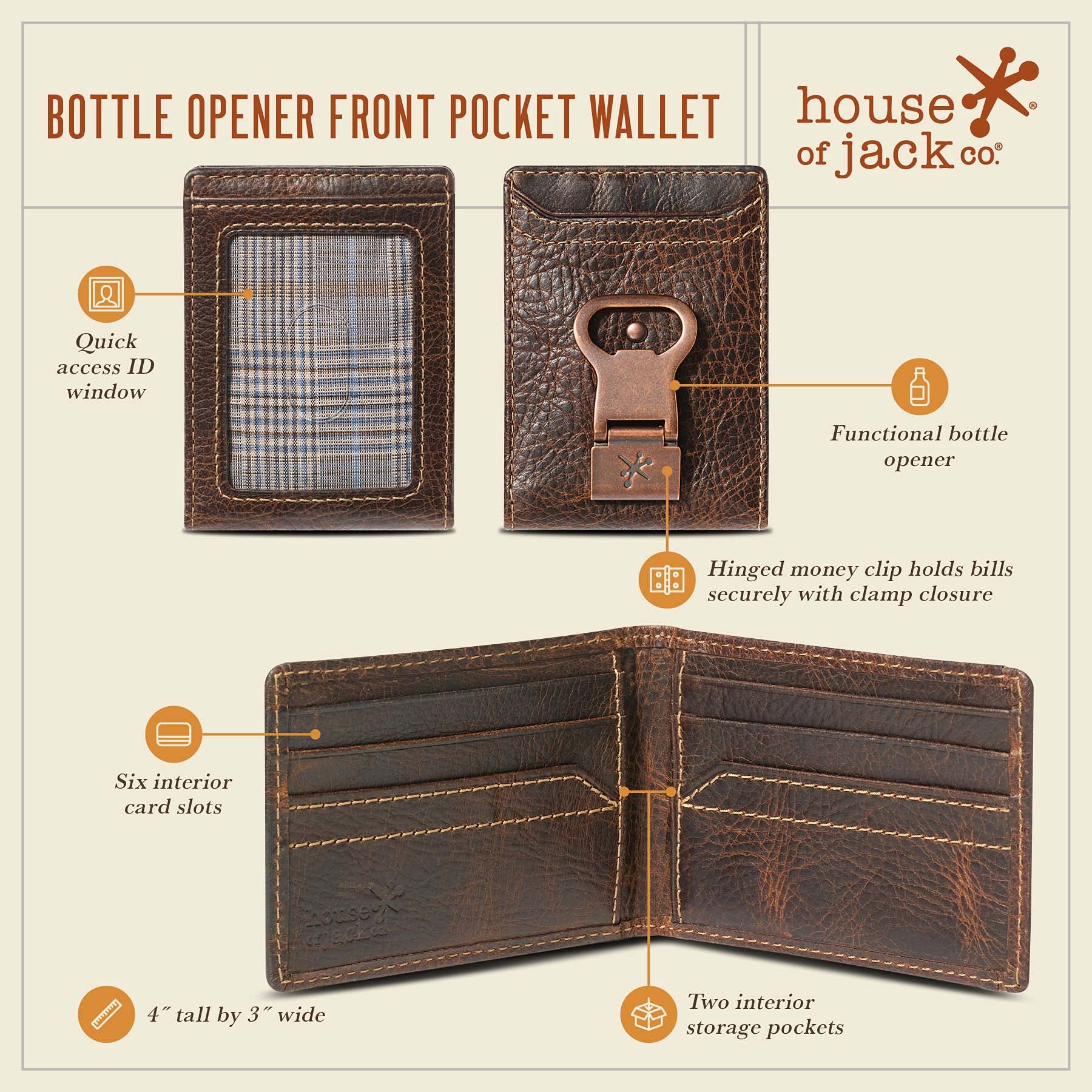 House of Jack Co. Bottle Opener Bifold Money Clip Wallet | Front Pocket Wallet | Novelty Bifold with Money Clip | Full Grain Leather