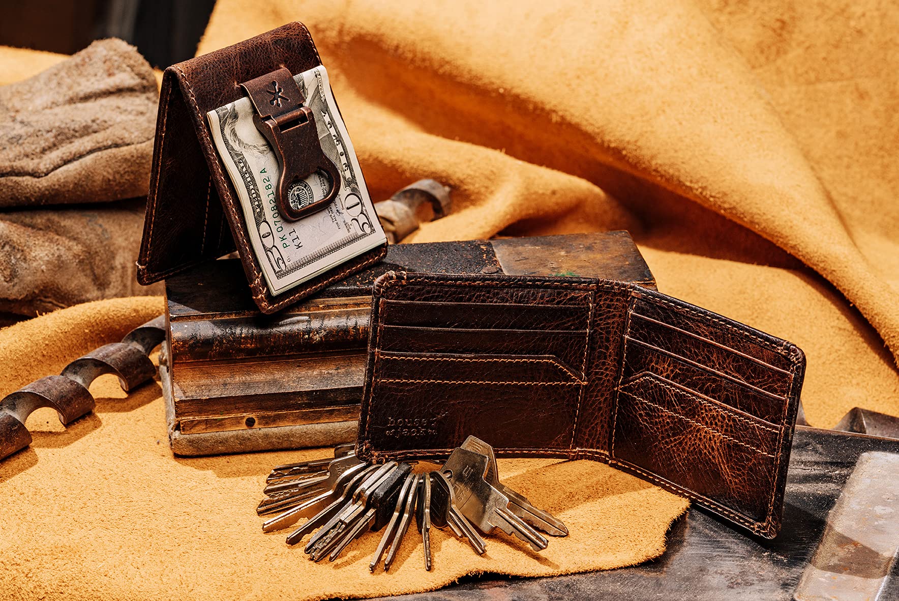 House of Jack Co. Bottle Opener Bifold Money Clip Wallet | Front Pocket Wallet | Novelty Bifold with Money Clip | Full Grain Leather