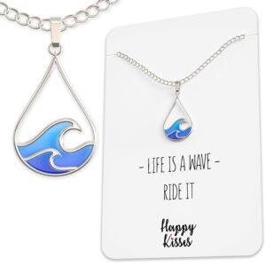 happy kisses silver wave necklace - beach jewelry for surfers and sea lovers - motivational drop shape pendant with gift message card