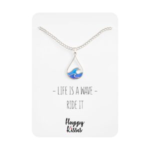 Happy Kisses Silver Wave Necklace - Beach Jewelry for Surfers and Sea Lovers - Motivational Drop Shape Pendant with Gift Message Card