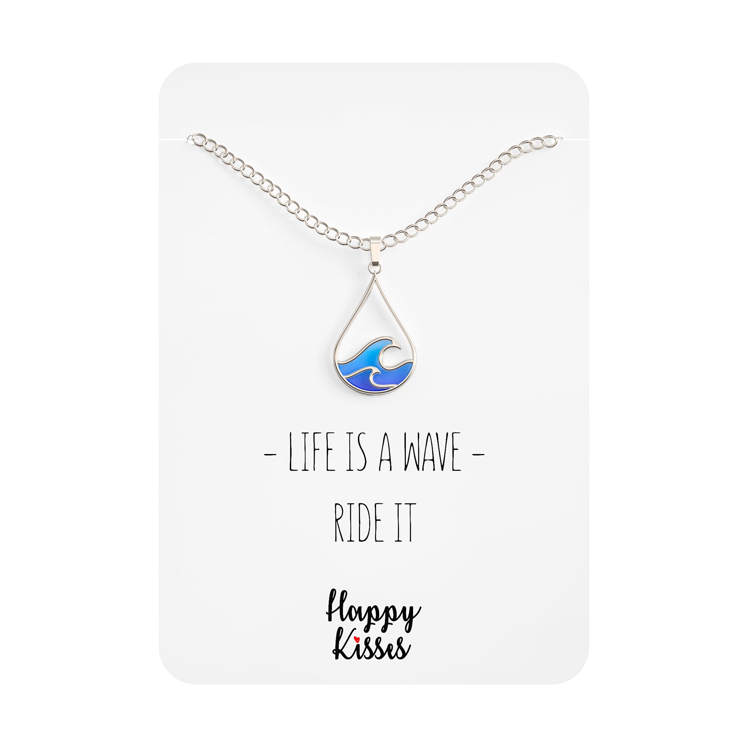 Happy Kisses Silver Wave Necklace - Beach Jewelry for Surfers and Sea Lovers - Motivational Drop Shape Pendant with Gift Message Card